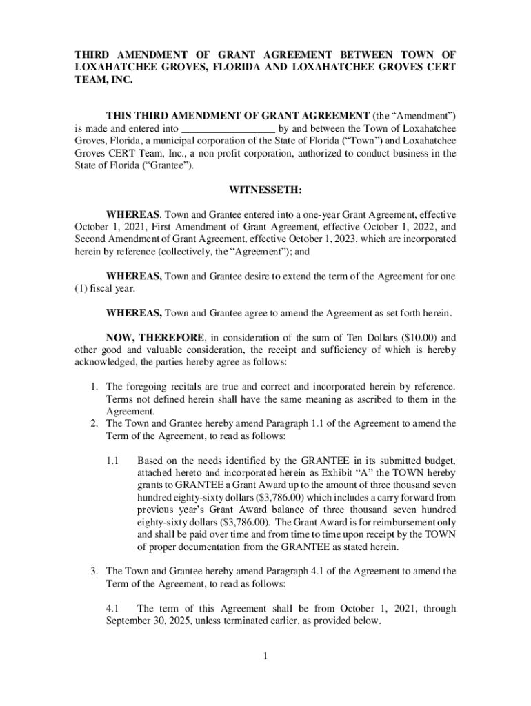 Fillable Online Third Amendment of Grant Agreement Between Town of ...