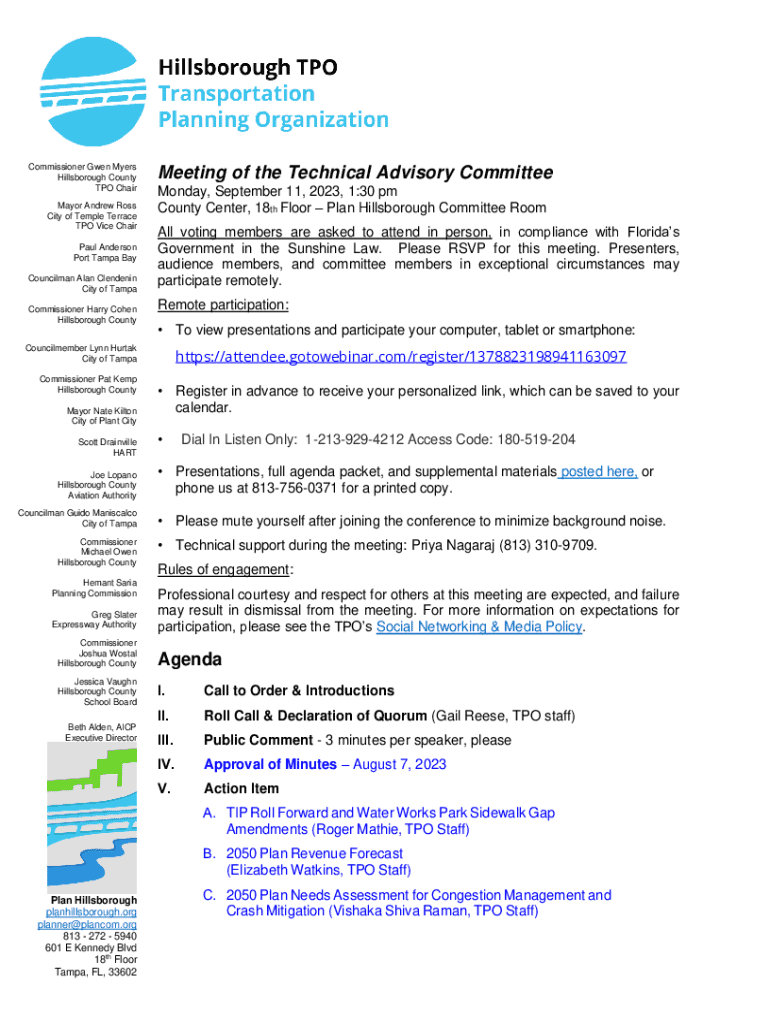 Fillable Online Technical Advisory Committee Meeting - Hillsborough Tpo ...