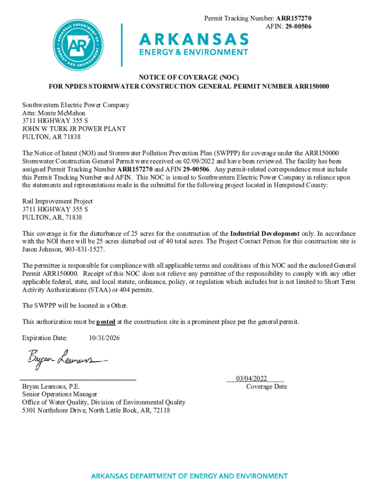 Fillable Online Notice of Coverage (noc) for Npdes Stormwater ...