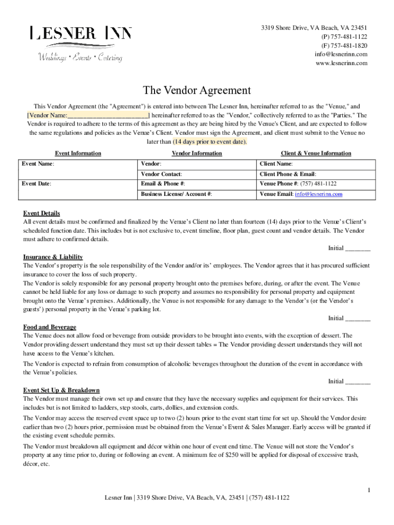Fillable Online Vendor Agreement - Lesner Inn Fax Email Print - pdfFiller