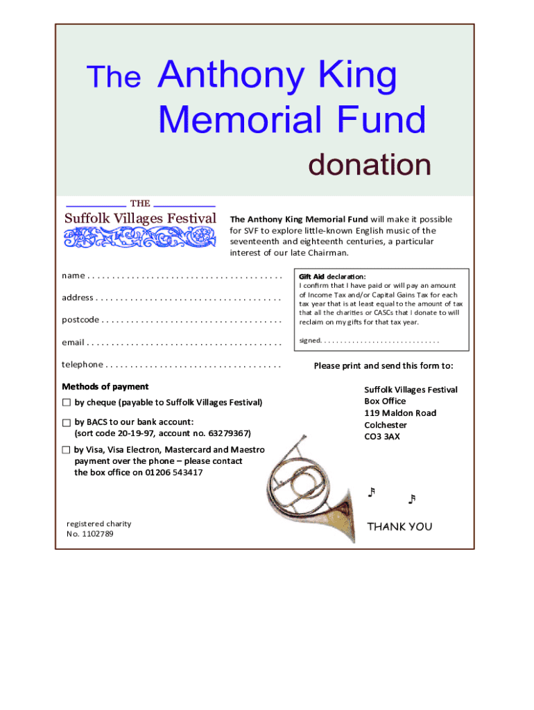 Fillable Online Donation Form for Anthony King Memorial Fund Fax Email Print - pdfFiller
