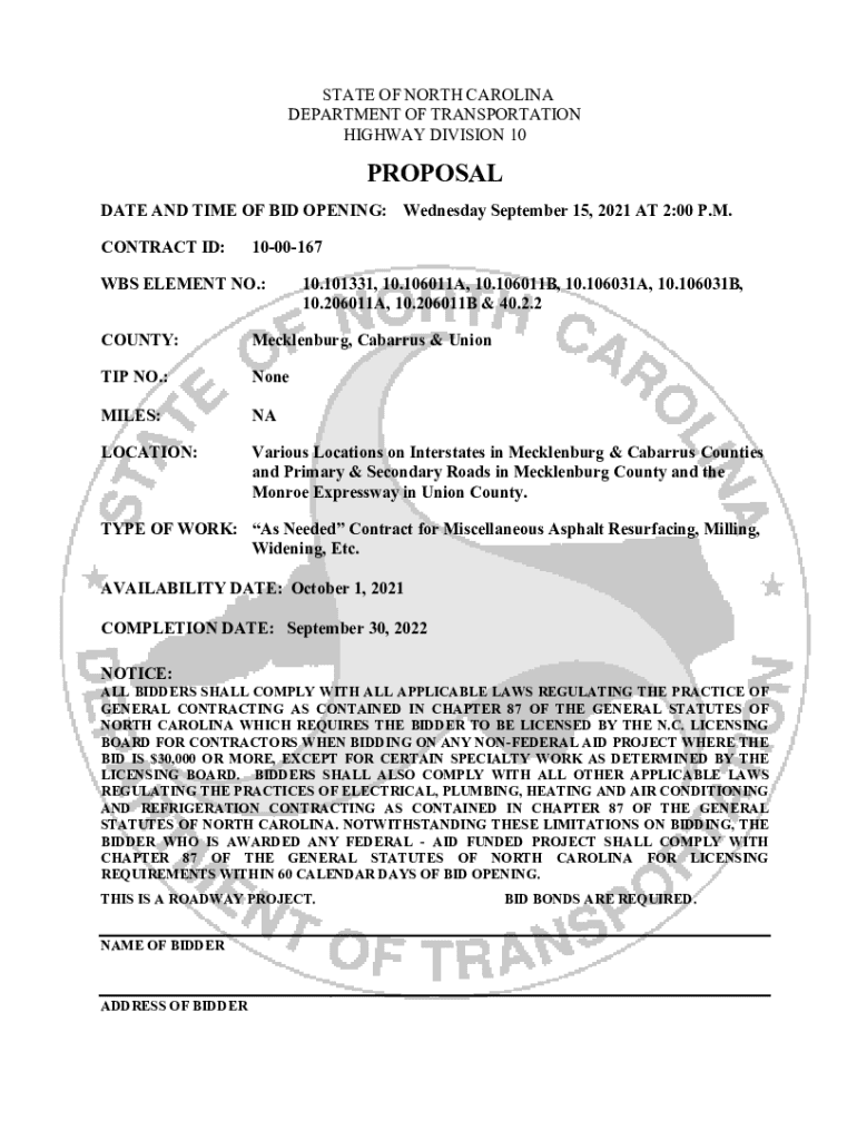 Fillable Online Ncdot Contract Proposal for Asphalt Resurfacing and ...