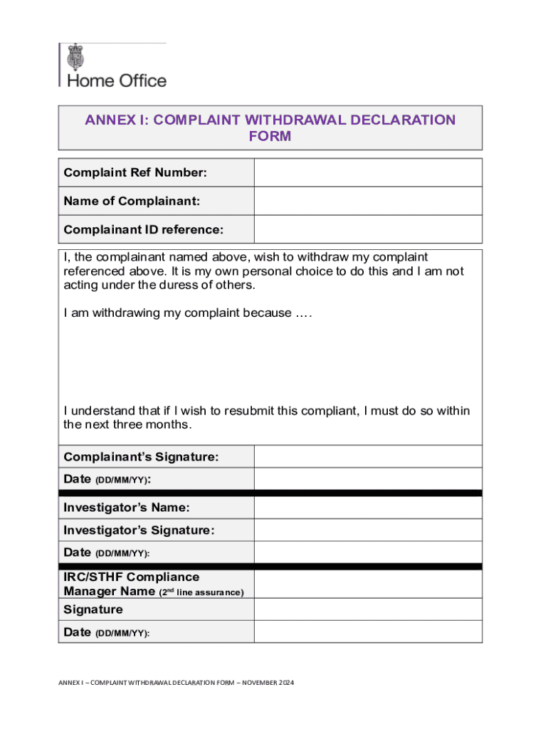 Fillable Online Annex I: Complaint Withdrawal Declaration Fax Email Print - pdfFiller