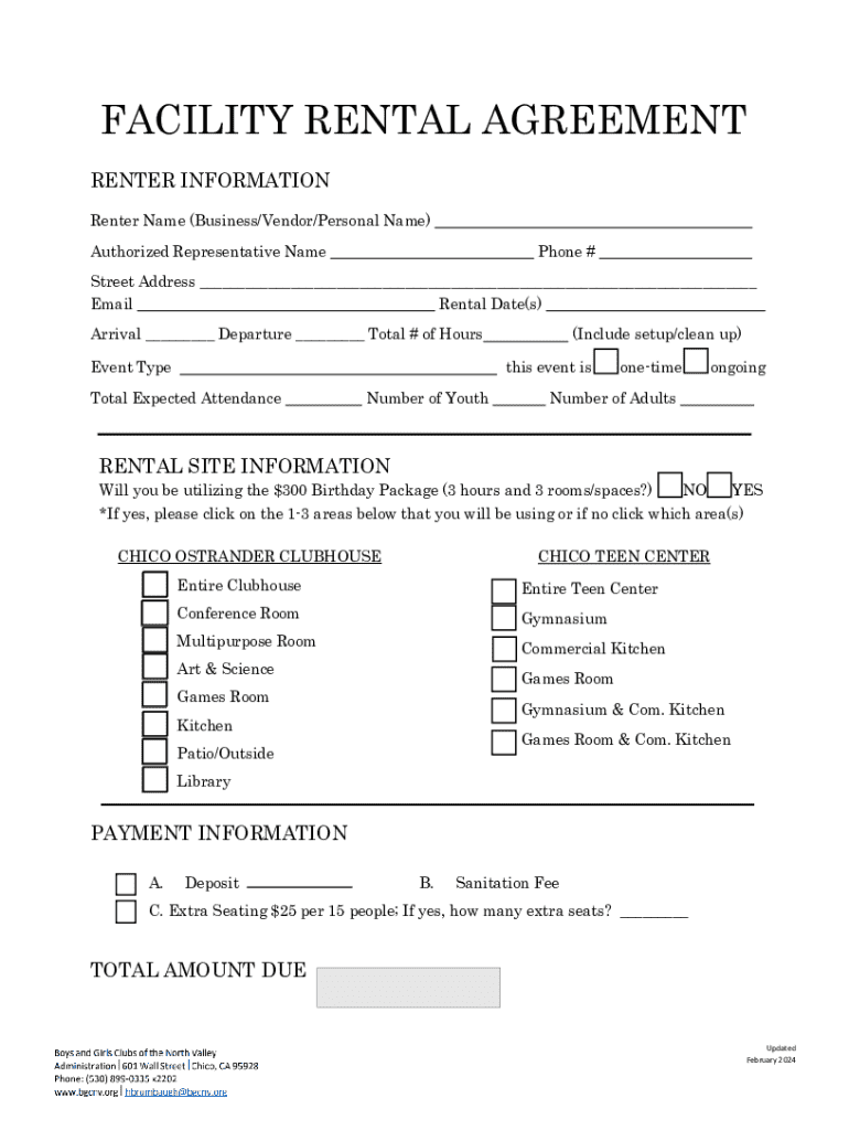 Fillable Online Facility Rental Agreement for Boys & Girls Clubs of the North Valley Fax Email ...