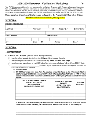 Fillable Online 2025-2026 Dependent Verification Worksheet Fax Email Print - pdfFiller