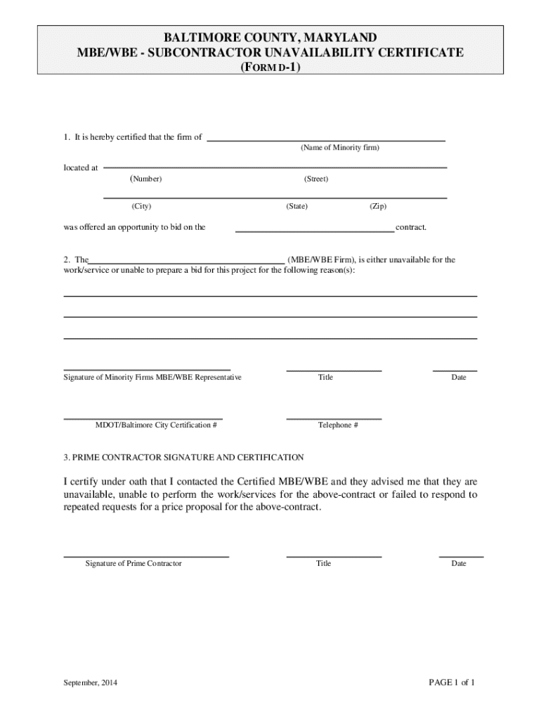 Fillable Online Baltimore County, Maryland Mbe/wbe - Subcontractor ...
