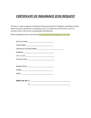 Fillable Online Certificate of Insurance (coi) Request Form Fax Email ...
