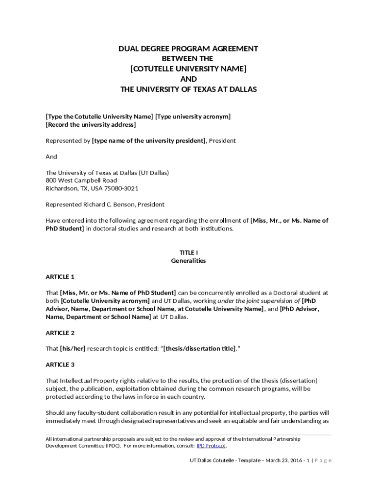 DUAL DEGREE PROGRAM AGREEMENT BETWEEN THE ... Doc Template | pdfFiller