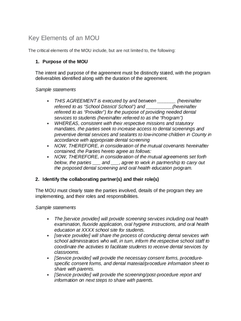 Mou for Dental Services Doc Template | pdfFiller