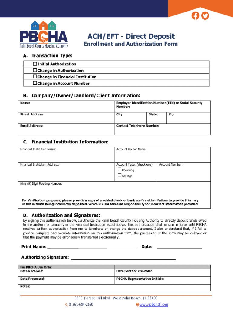 Fillable Online Ach/eft - Direct Deposit Enrollment and Authorization ...