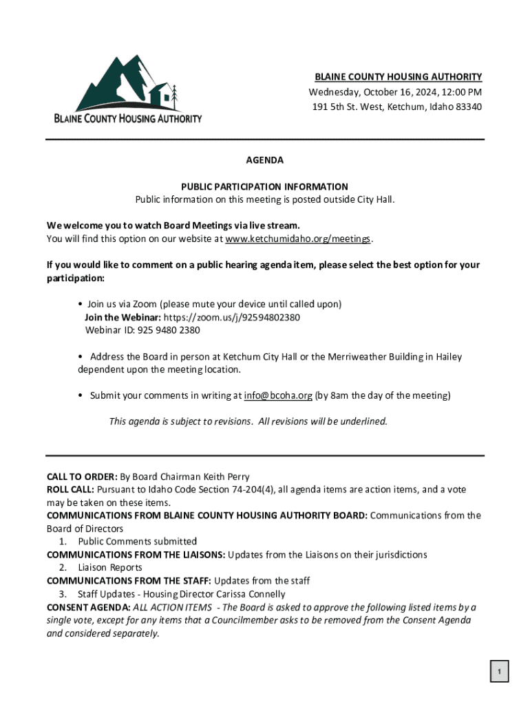Fillable Online Blaine County Housing Authority Meeting - October 16, 2024 Fax Email Print ...
