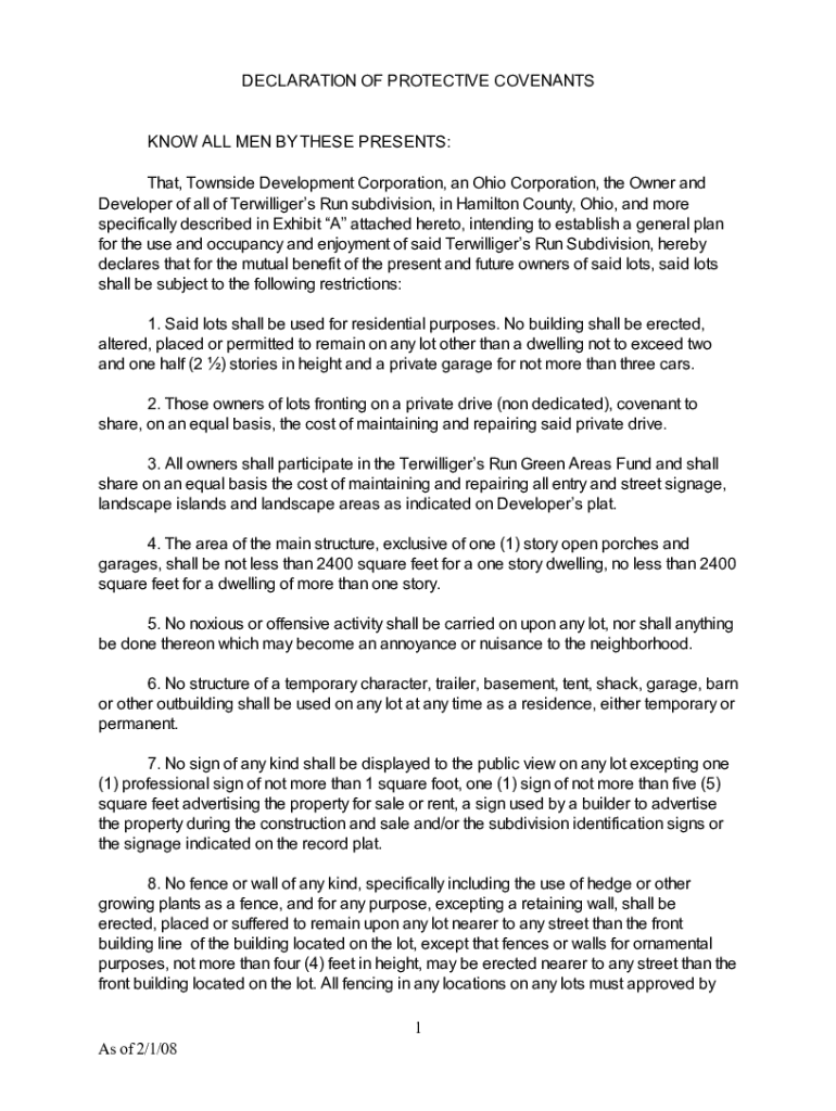 Fillable Online Protective Covenants for Terwilliger’s Run Subdivision ...