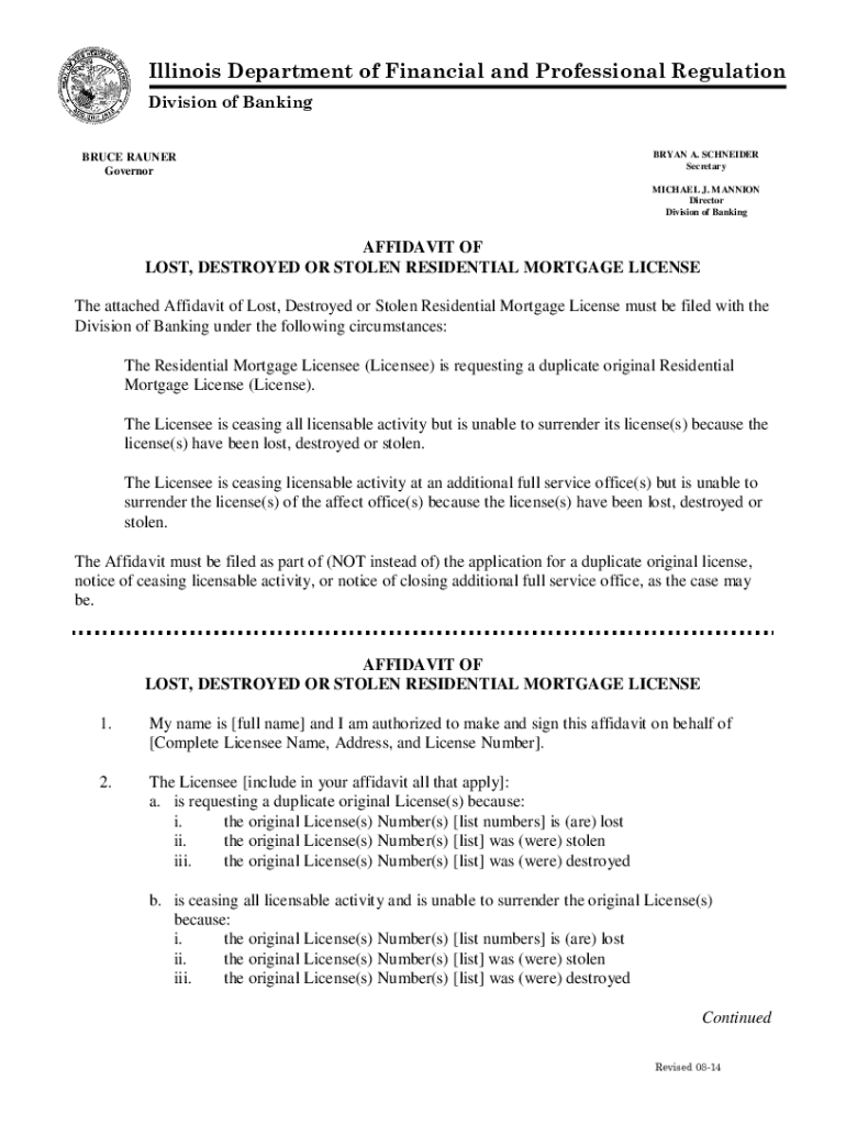 Fillable Online Affidavit of Lost, Destroyed or Stolen Residential Mortgage License Fax Email ...