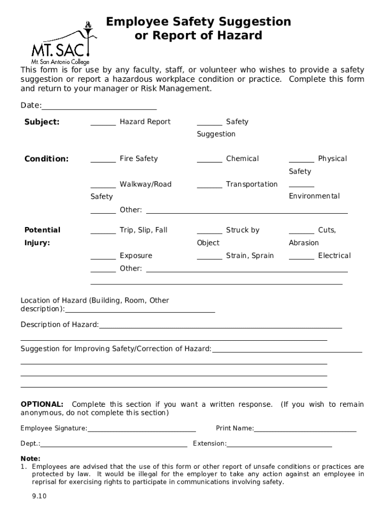 Free Employee Safety Suggestion Report Doc Template | pdfFiller