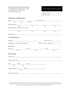 Fillable Online Good Shepherd Episcopal School Teacher Application Fax Email Print - pdfFiller