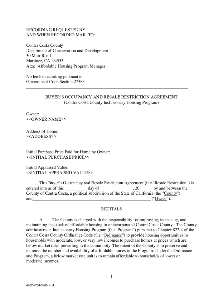 Fillable Online Buyer’s Occupancy and Resale Restriction Agreement ...
