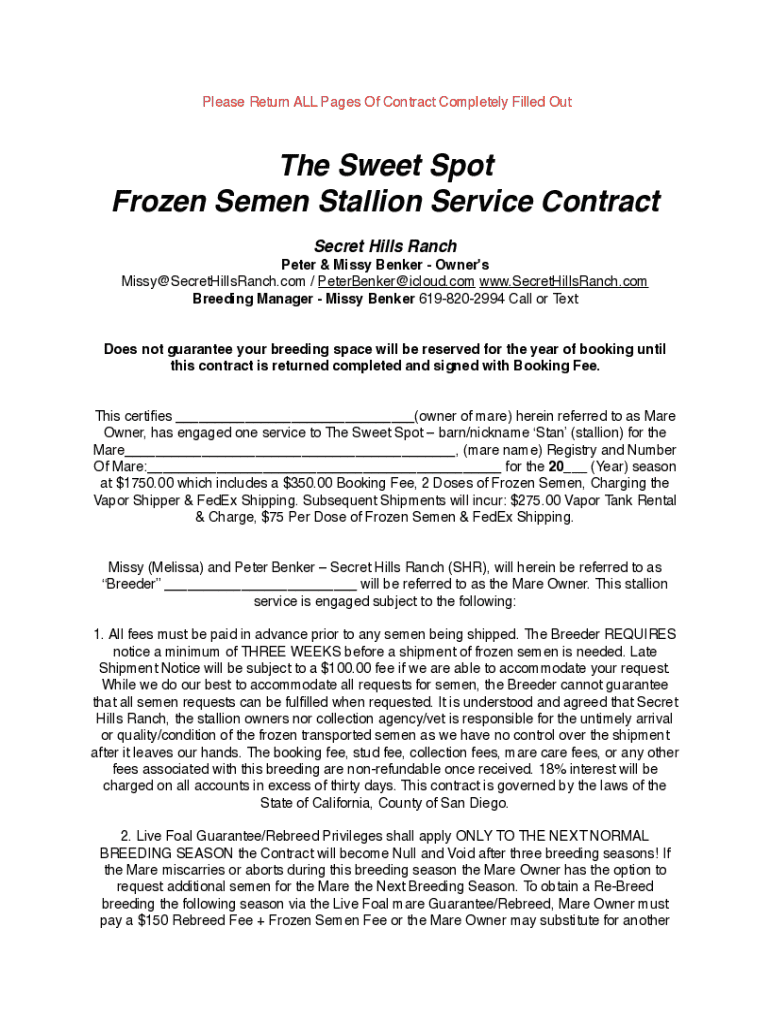 Fillable Online the Sweet Spot Stallion Service Contract Fax Email ...