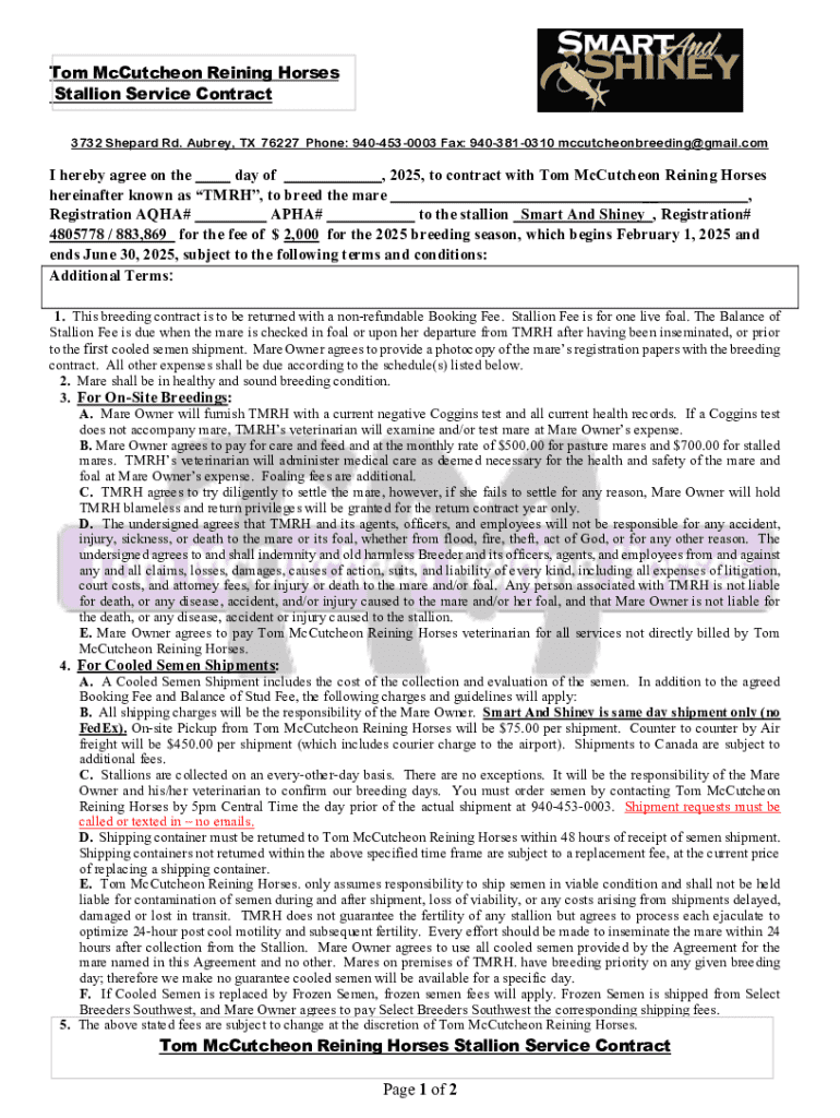 Fillable Online Tom Mccutcheon Reining Horses Stallion Service Contract ...