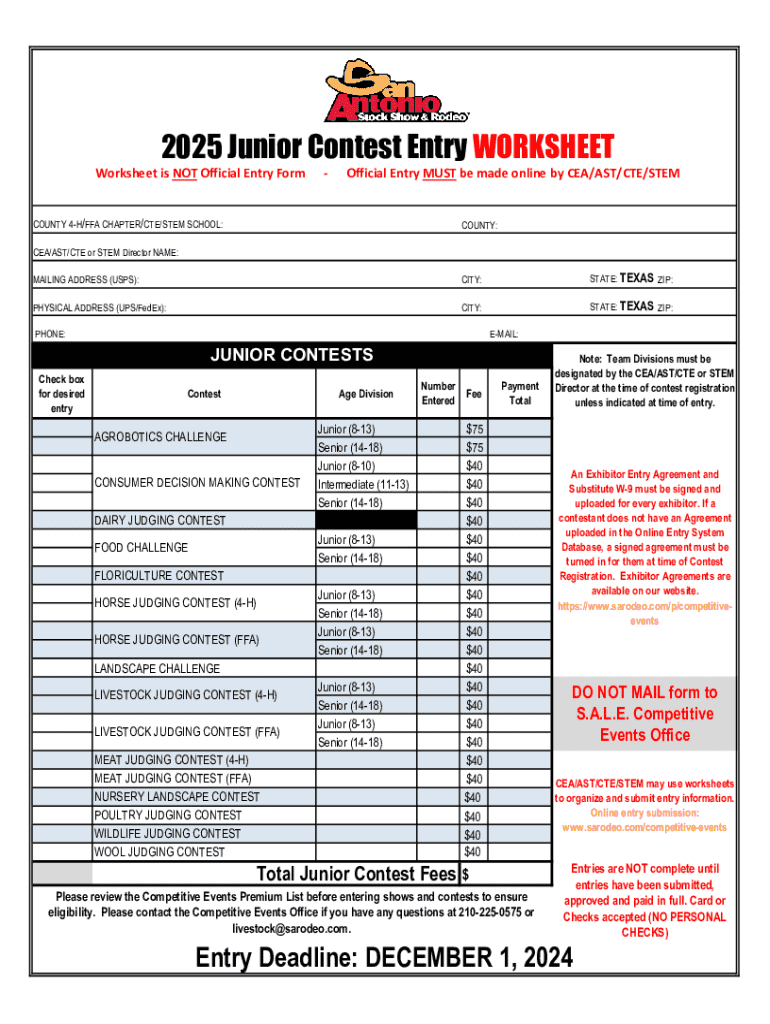 Fillable Online 2025 Junior Contest Entry Worksheet Fax Email Print ...