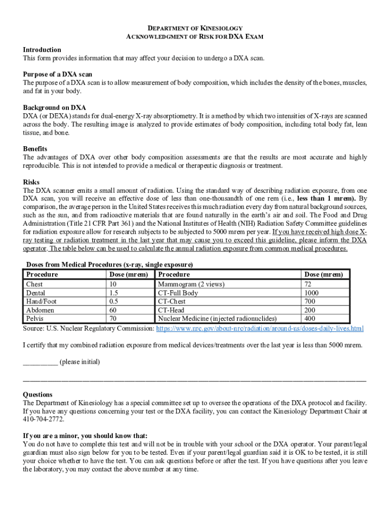 Fillable Online Acknowledgment of Risk for Dxa Exam Fax Email Print - pdfFiller