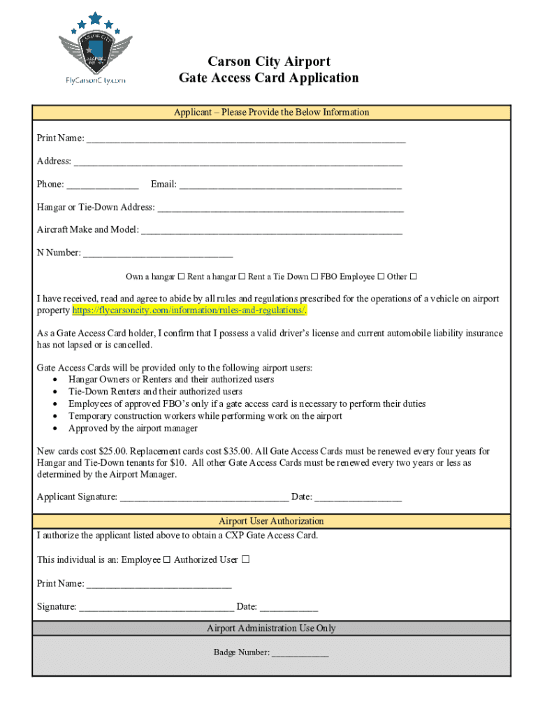 Fillable Online Carson City Airport Gate Access Card Application Fax ...