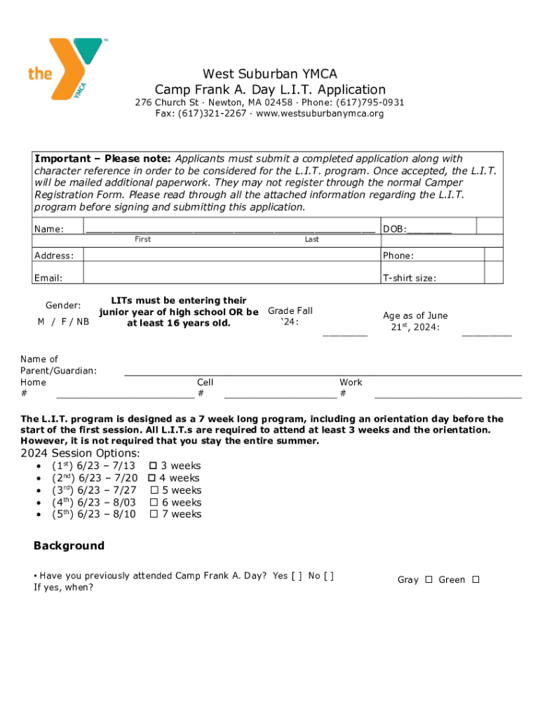 Fillable Online West Suburban YMCA Camp Frank A. Day L.I.T. Application ...