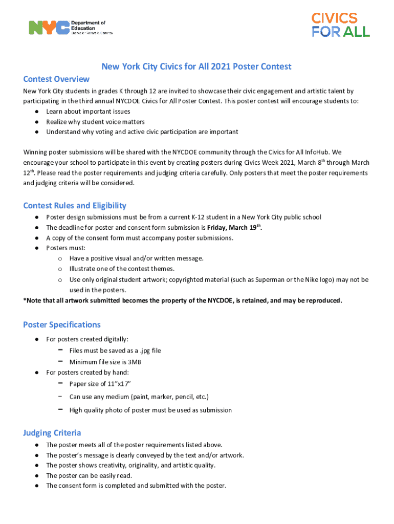 Fillable Online New York City Civics for All 2021 Poster Contest Fax ...