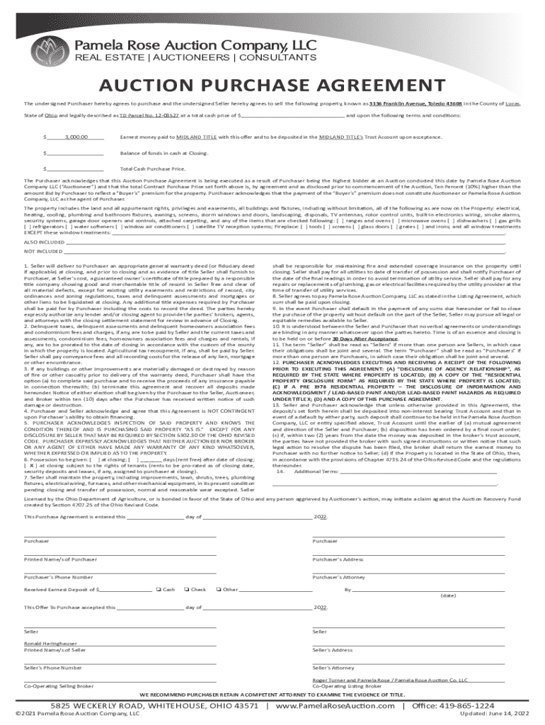 Fillable Online Real Estate Auction Purchase Agreement Fax Email Print ...