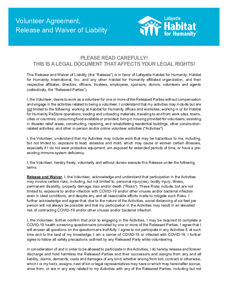 Fillable Online Volunteer Agreement and Waiver Fax Email Print - pdfFiller