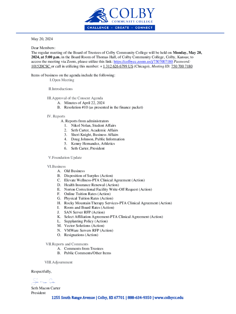 Fillable Online in the Board Room of Thomas Hall, of Colby Community College, Colby, Kansas; to ...