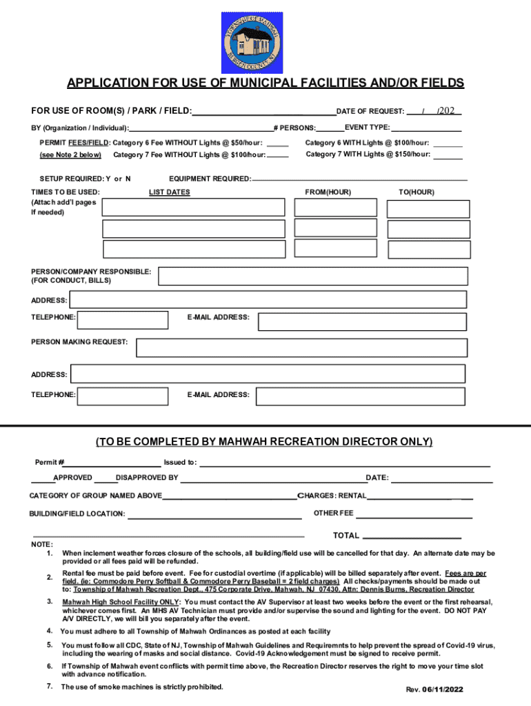 Fillable Online MahwahTwp-BuildingField Rental Request-Hold Harmless ...