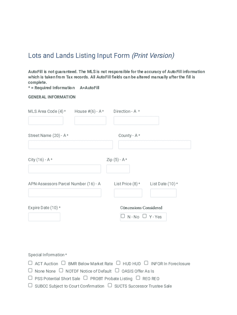 Lots and Lands Listing Input Form - Blank Fillable Template | Fill Out ...