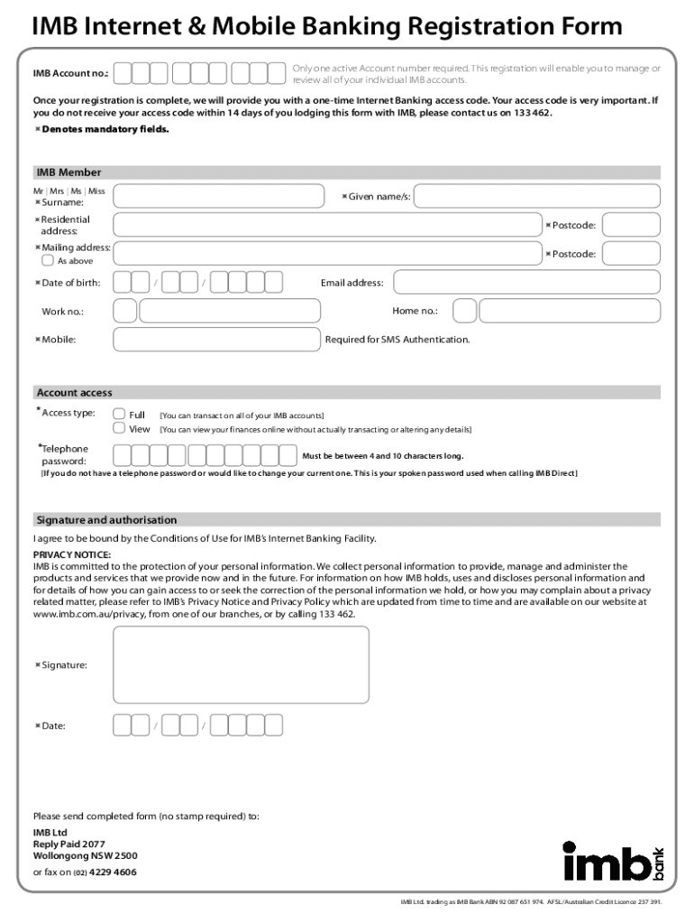 Fillable Online Imb Internet & Mobile Banking Registration Fax Email ...