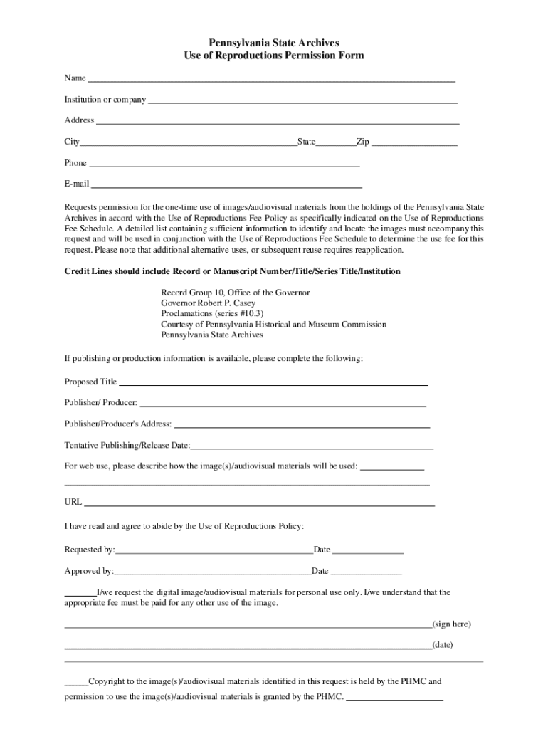 Fillable Online Pennsylvania State Archives Use of Reproductions ...