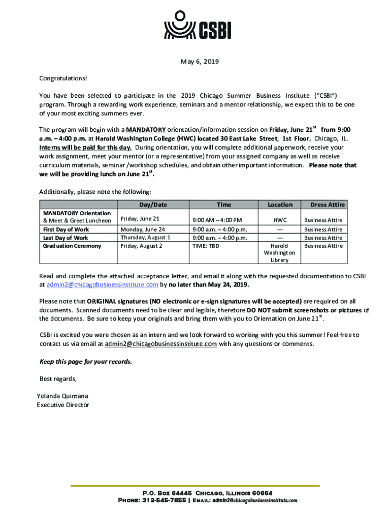 Fillable Online Csbi Summer Internship Acceptance Fax Email Print ...