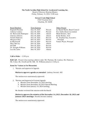 Fillable Online North Carolina High School for Accelerated Learning, Inc. Board of Directors ...