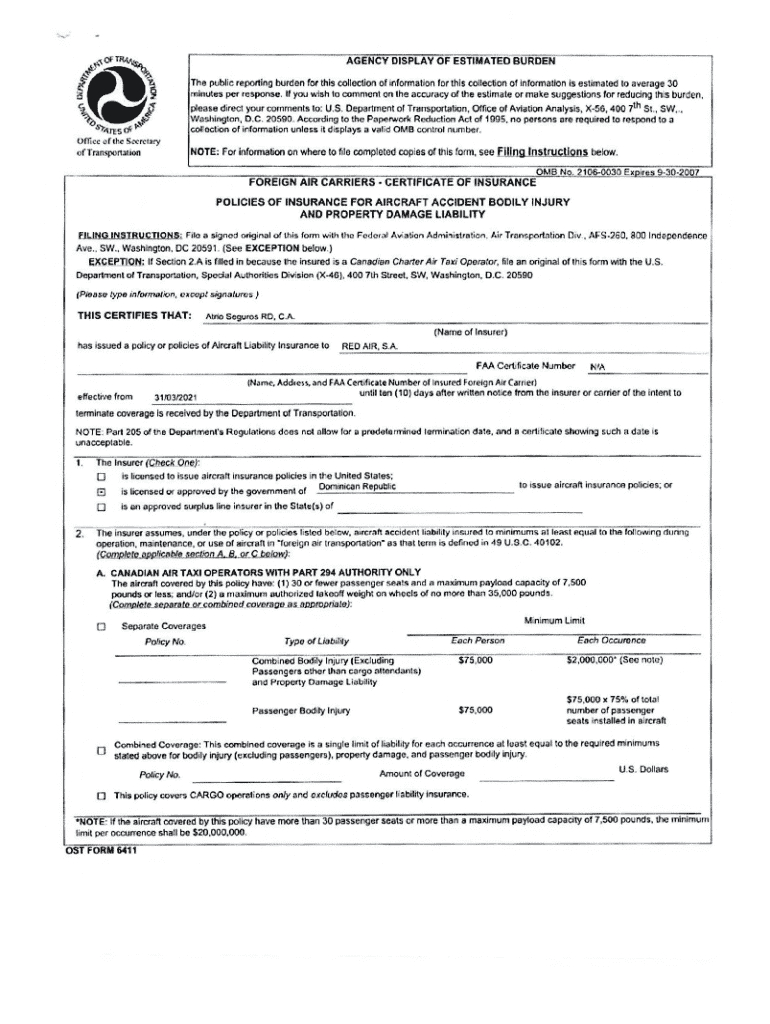 Fillable Online Foreign Air Carriers Certificate of Insurance Fax Email Print - pdfFiller