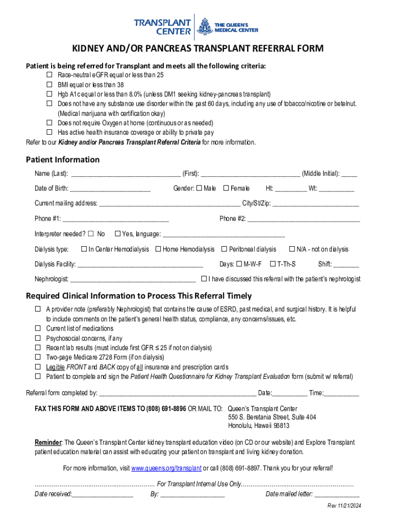 Fillable Online Kidney and Pancreas Transplant Referral Fax Email Print ...
