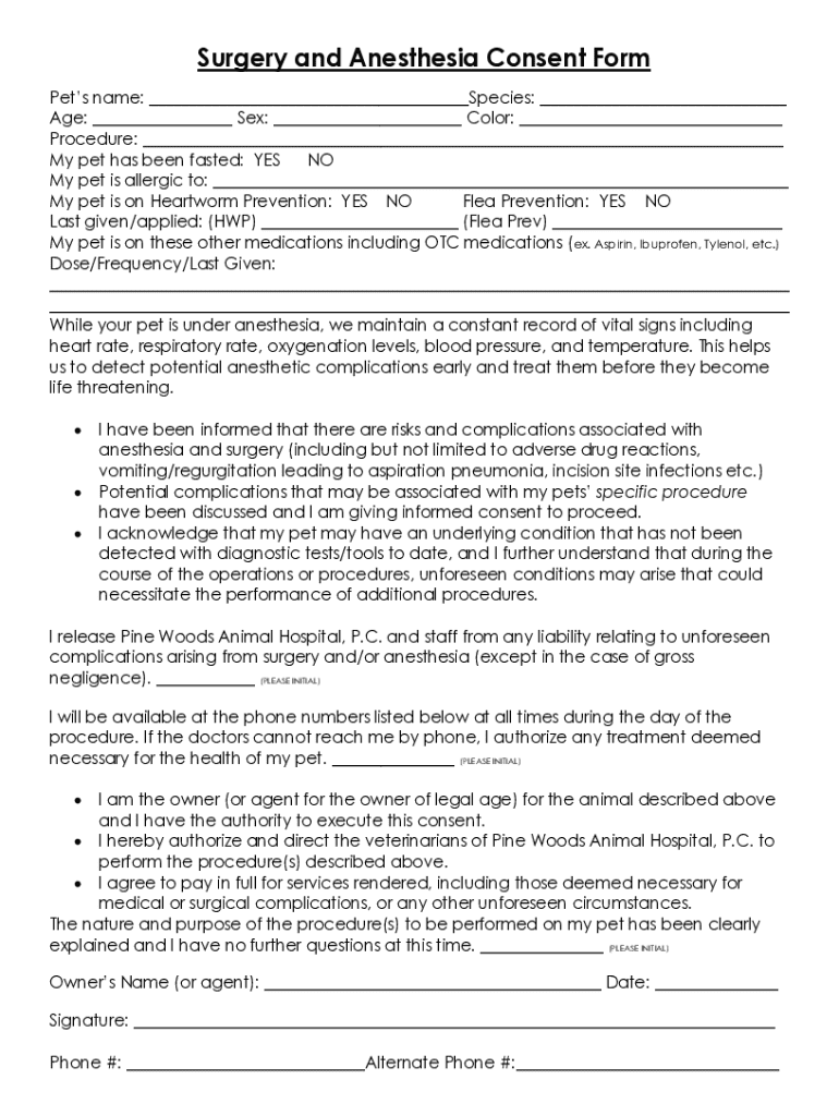 Fillable Online Surgery and Anesthesia Consent for Pets Fax Email Print ...