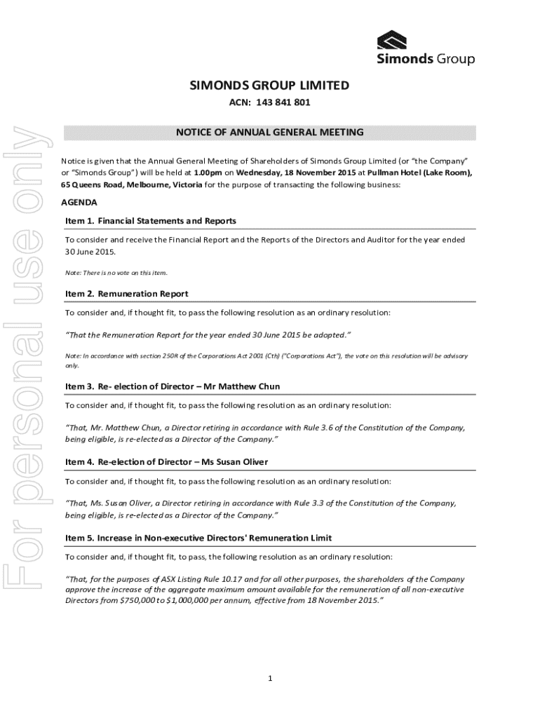 Fillable Online Simonds Group Limited - Notice of Annual General Meeting Fax Email Print - pdfFiller
