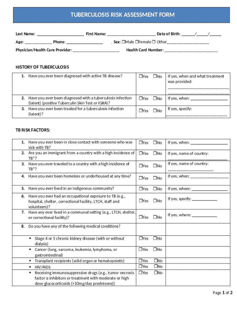 Tuberculosis Risk Assessment Doc Template | pdfFiller