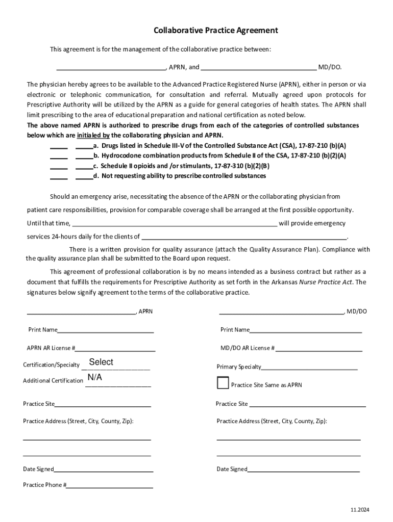 Fillable Online Collaborative Practice Agreement for Aprn and Md/do Fax ...