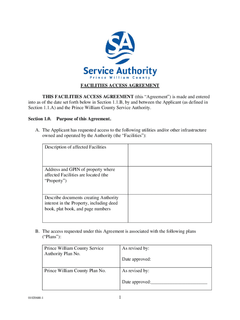 Fillable Online Facilities Access Agreement Between Applicant and Prince William County Service ...