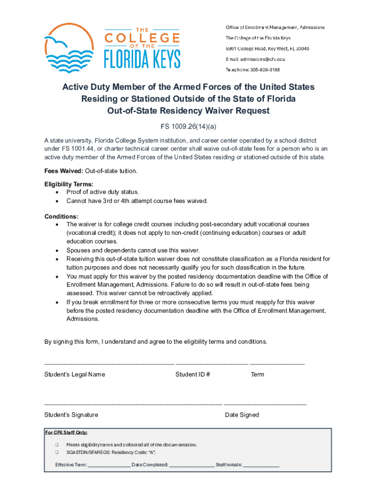 Fillable Online Active Duty Member of the Armed Forces Residency Waiver ...