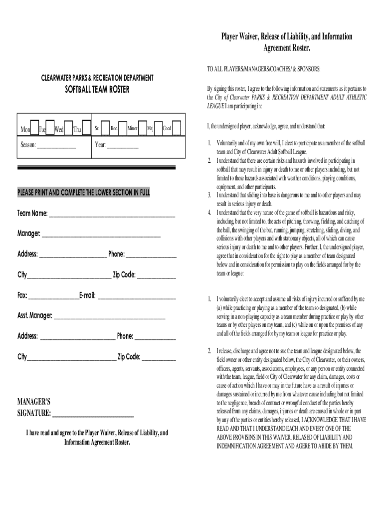 Fillable Online Clearwater Parks & Recreation Softball Waiver Fax Email ...