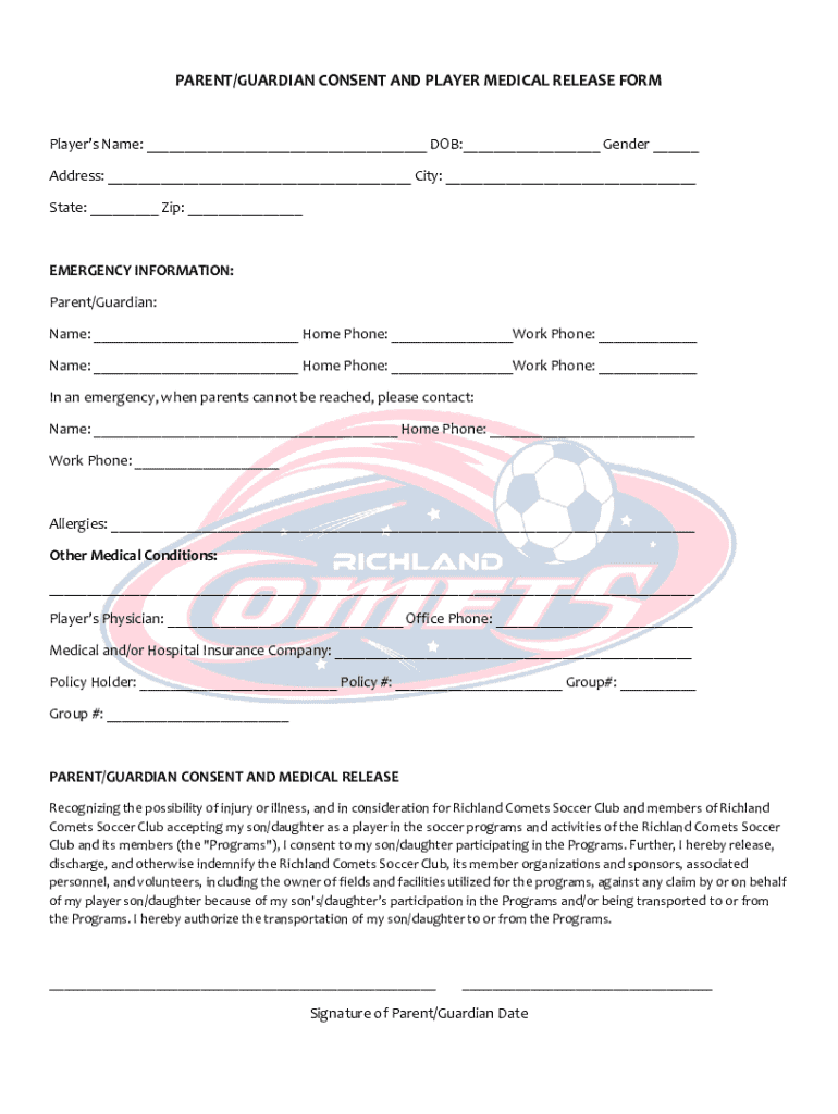 Fillable Online Consent and Medical Release Form for Richland Comets ...