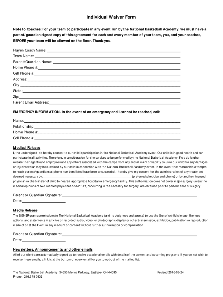 Fillable Online National Basketball Academy Individual Waiver Fax Email ...