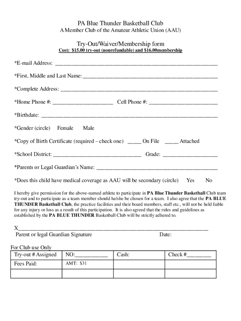 Fillable Online PA Blue Thunder Basketball Club Try-Out/Waiver ...