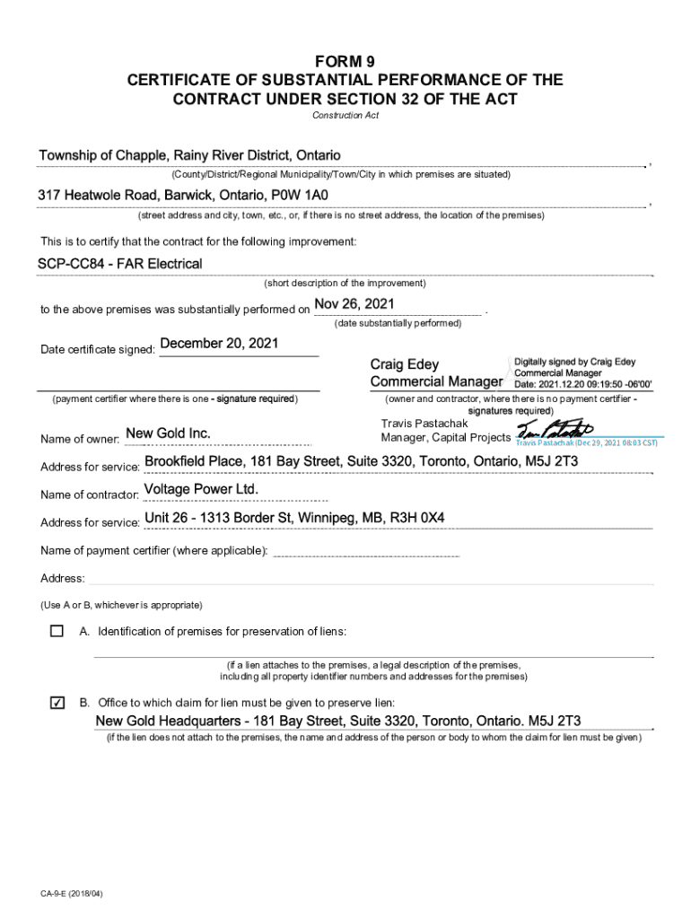 Fillable Online SCP-CC84 - Form 9 - Certificate of Substantial ...
