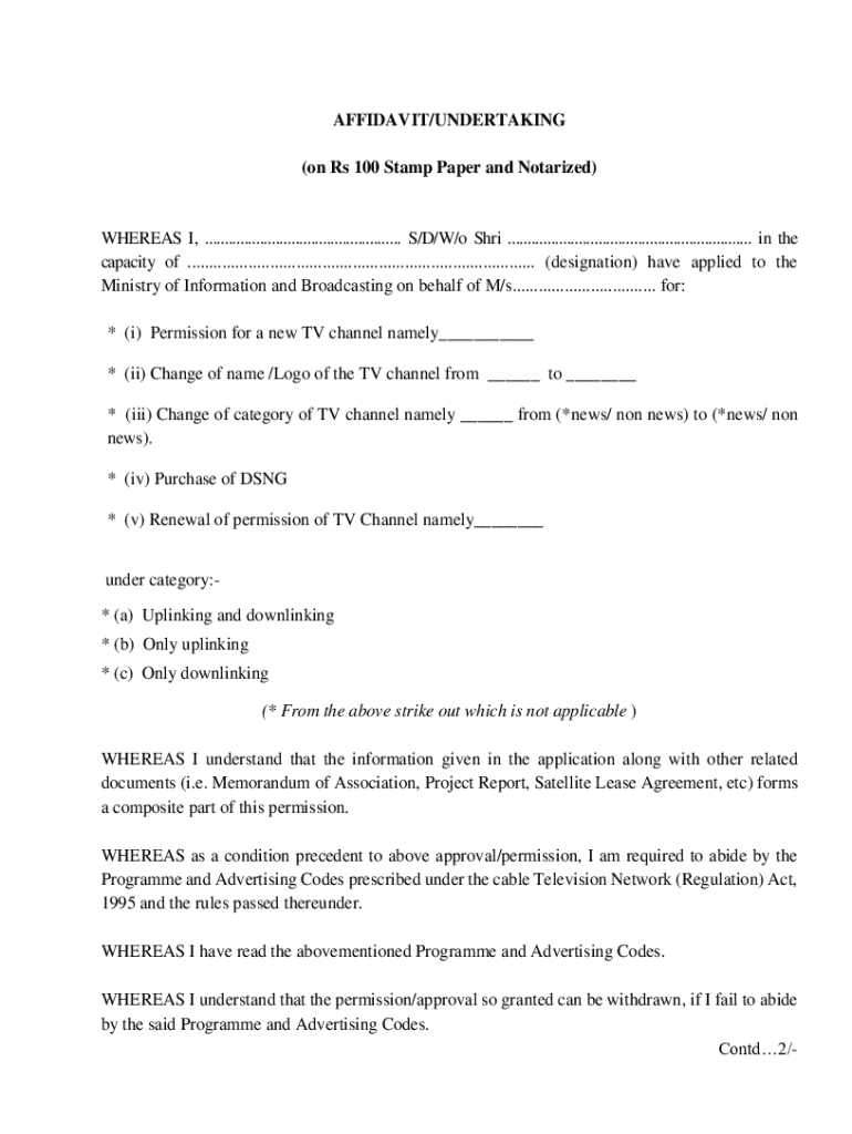Fillable Online Affidavit and Undertaking for Television Channel ...